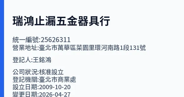 瑞鴻止漏五金器具行的照片-統編 25626311(臺北市) 公司登記資料與營業項目詳細圖表