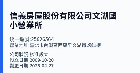 信義房屋股份有限公司文湖國小營業所的照片-統編 25626564(臺北市) 公司登記資料與營業項目詳細圖表
