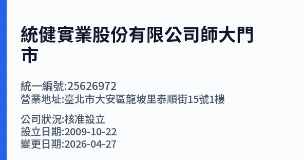 統健實業股份有限公司師大門市的照片-統編 25626972(臺北市) 公司登記資料與營業項目詳細圖表