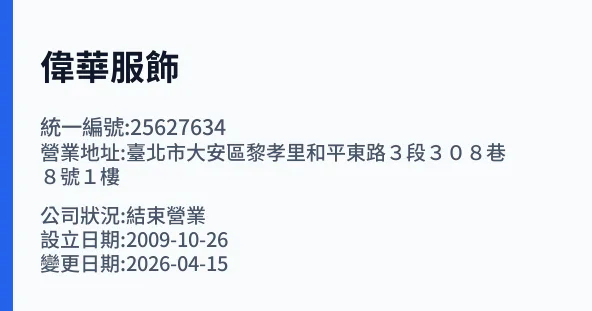 偉華服飾的照片-統編 25627634(臺北市) 公司登記資料與營業項目詳細圖表