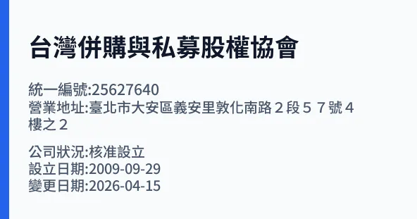 台灣併購與私募股權協會的照片-統編 25627640(臺北市) 公司登記資料與營業項目詳細圖表