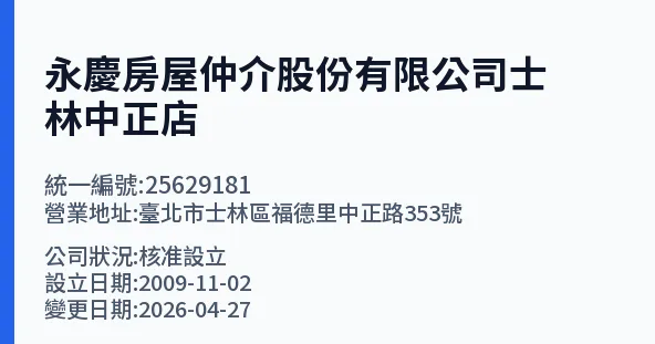永慶房屋仲介股份有限公司士林中正店的照片-統編 25629181(臺北市) 公司登記資料與營業項目詳細圖表