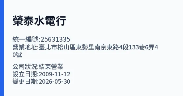 榮泰水電行的照片-統編 25631335(臺北市) 公司登記資料與營業項目詳細圖表