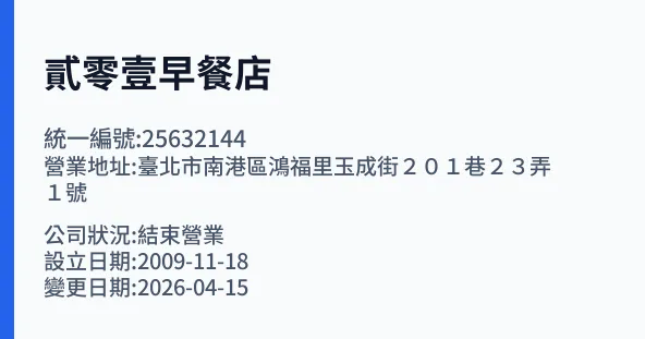 貳零壹早餐店的照片-統編 25632144(臺北市) 公司登記資料與營業項目詳細圖表