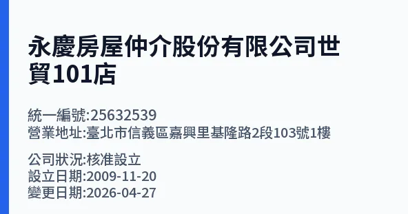 永慶房屋仲介股份有限公司世貿101店的照片-統編 25632539(臺北市) 公司登記資料與營業項目詳細圖表