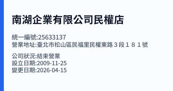 南湖企業有限公司民權店的照片-統編 25633137(臺北市) 公司登記資料與營業項目詳細圖表