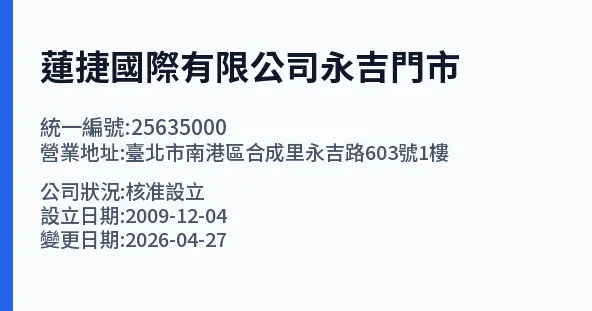 蓮捷國際有限公司永吉門市的照片-統編 25635000(臺北市) 公司登記資料與營業項目詳細圖表