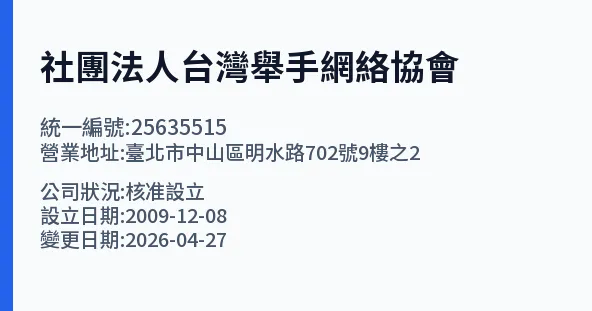 社團法人台灣舉手網絡協會的照片-統編 25635515(臺北市) 公司登記資料與營業項目詳細圖表