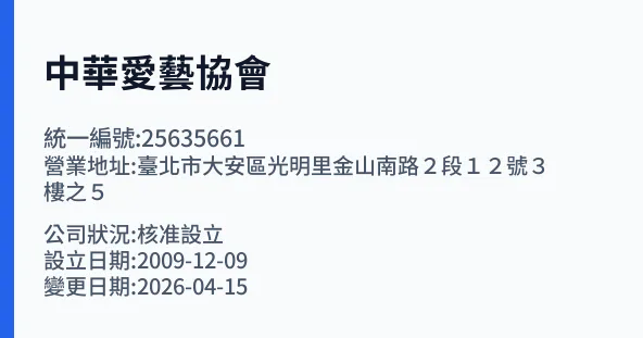 中華愛藝協會的照片-統編 25635661(臺北市) 公司登記資料與營業項目詳細圖表