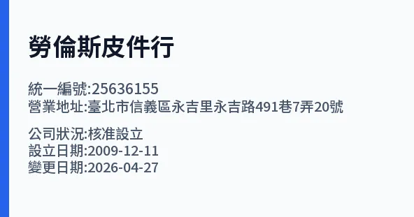 勞倫斯皮件行的照片-統編 25636155(臺北市) 公司登記資料與營業項目詳細圖表