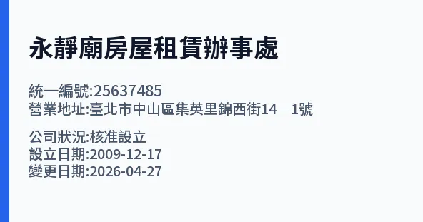 永靜廟房屋租賃辦事處的照片-統編 25637485(臺北市) 公司登記資料與營業項目詳細圖表