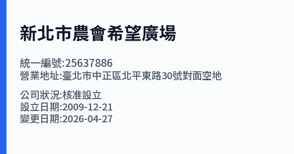 新北市農會希望廣場的照片-統編 25637886(臺北市) 公司登記資料與營業項目詳細圖表