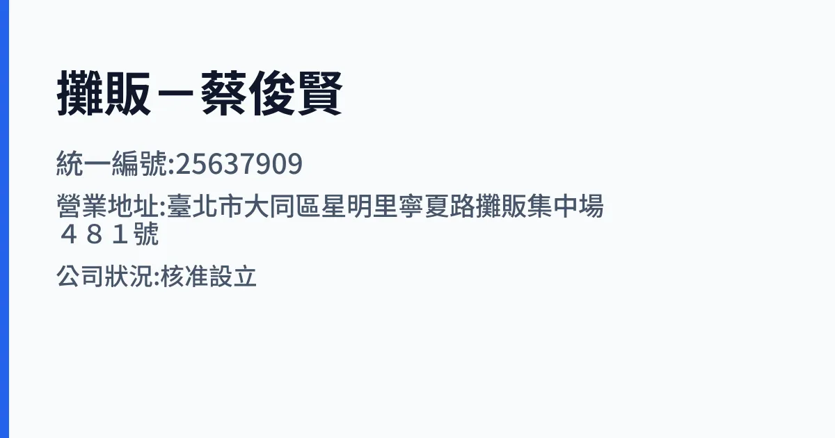 攤販－蔡俊賢 - 統編 25637909(臺北市) 公司登記資料與營業項目詳細圖表