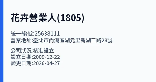 花卉營業人(1805)的照片-統編 25638111(臺北市) 公司登記資料與營業項目詳細圖表