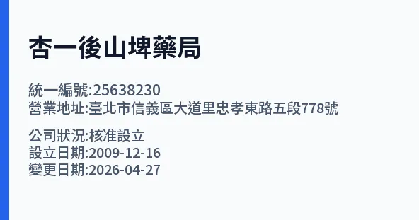 杏一後山埤藥局的照片-統編 25638230(臺北市) 公司登記資料與營業項目詳細圖表