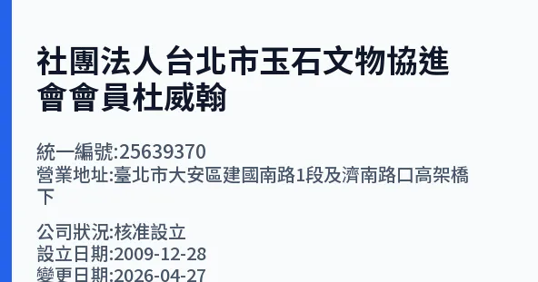 社團法人台北市玉石文物協進會會員杜威翰的照片-統編 25639370(臺北市) 公司登記資料與營業項目詳細圖表