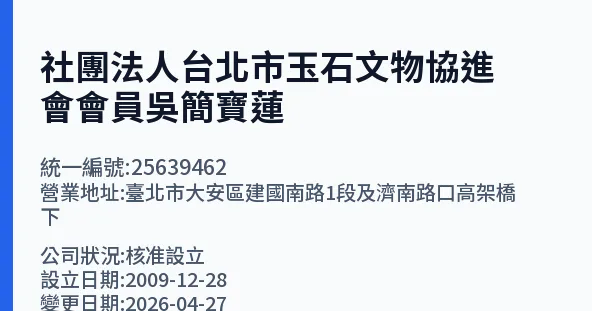 社團法人台北市玉石文物協進會會員吳簡寶蓮的照片-統編 25639462(臺北市) 公司登記資料與營業項目詳細圖表