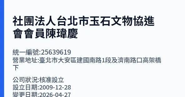 社團法人台北市玉石文物協進會會員陳瑋慶的照片-統編 25639619(臺北市) 公司登記資料與營業項目詳細圖表