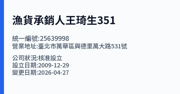 漁貨承銷人王琦生351的照片-統編 25639998(臺北市) 公司登記資料與營業項目詳細圖表