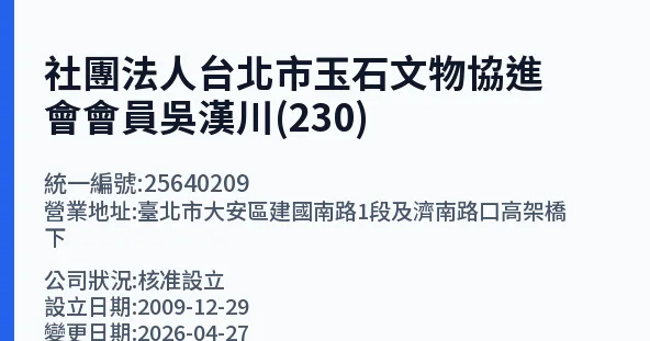 社團法人台北市玉石文物協進會會員吳漢川(230)的照片-統編 25640209(臺北市) 公司登記資料與營業項目詳細圖表