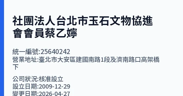 社團法人台北市玉石文物協進會會員蔡乙嬣的照片-統編 25640242(臺北市) 公司登記資料與營業項目詳細圖表