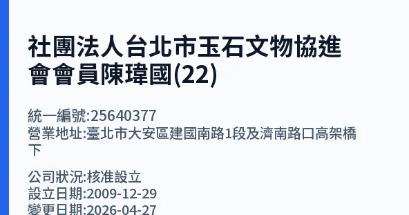 社團法人台北市玉石文物協進會會員陳瑋國(22)的照片-統編 25640377(臺北市) 公司登記資料與營業項目詳細圖表