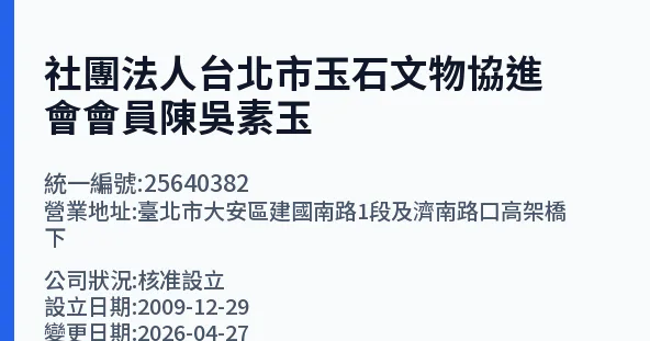 社團法人台北市玉石文物協進會會員陳吳素玉的照片-統編 25640382(臺北市) 公司登記資料與營業項目詳細圖表