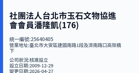 社團法人台北市玉石文物協進會會員潘隆凱(176)的照片-統編 25640405(臺北市) 公司登記資料與營業項目詳細圖表
