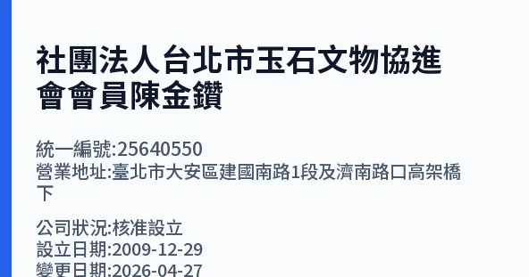 社團法人台北市玉石文物協進會會員陳金鑽的照片-統編 25640550(臺北市) 公司登記資料與營業項目詳細圖表