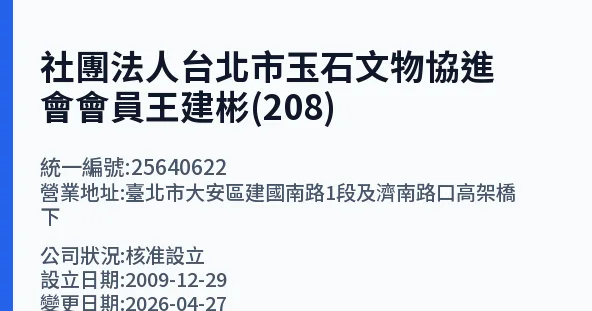 社團法人台北市玉石文物協進會會員王建彬(208)的照片-統編 25640622(臺北市) 公司登記資料與營業項目詳細圖表