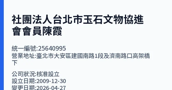 社團法人台北市玉石文物協進會會員陳霞的照片-統編 25640995(臺北市) 公司登記資料與營業項目詳細圖表
