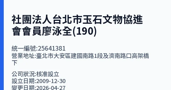 社團法人台北市玉石文物協進會會員廖泳全(190)的照片-統編 25641381(臺北市) 公司登記資料與營業項目詳細圖表