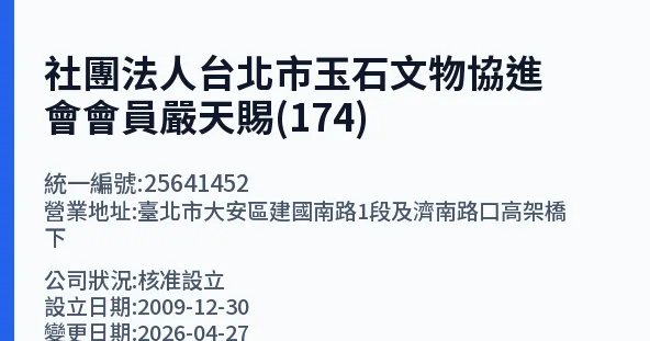 社團法人台北市玉石文物協進會會員嚴天賜(174)的照片-統編 25641452(臺北市) 公司登記資料與營業項目詳細圖表