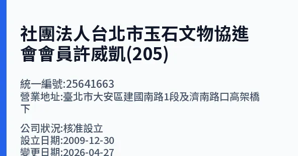 社團法人台北市玉石文物協進會會員許威凱(205)的照片-統編 25641663(臺北市) 公司登記資料與營業項目詳細圖表