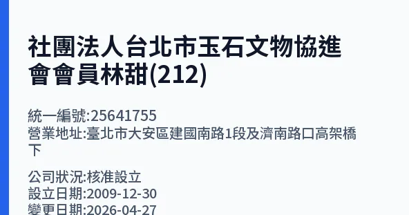 社團法人台北市玉石文物協進會會員林甜(212)的照片-統編 25641755(臺北市) 公司登記資料與營業項目詳細圖表