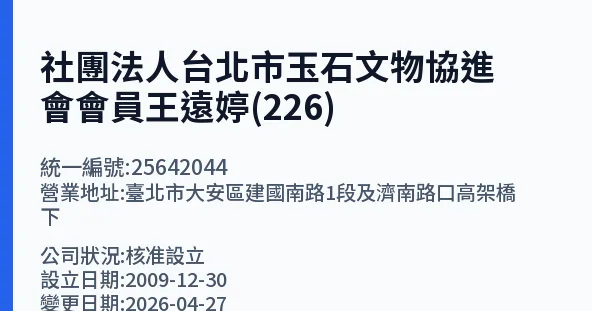 社團法人台北市玉石文物協進會會員王遠婷(226)的照片-統編 25642044(臺北市) 公司登記資料與營業項目詳細圖表