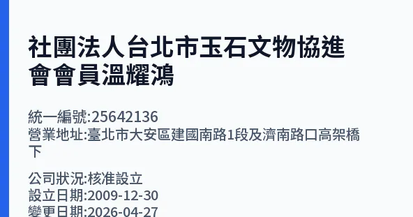 社團法人台北市玉石文物協進會會員溫耀鴻的照片-統編 25642136(臺北市) 公司登記資料與營業項目詳細圖表