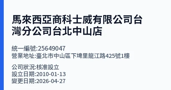 馬來西亞商科士威有限公司台灣分公司台北中山店的照片-統編 25649047(臺北市) 公司登記資料與營業項目詳細圖表
