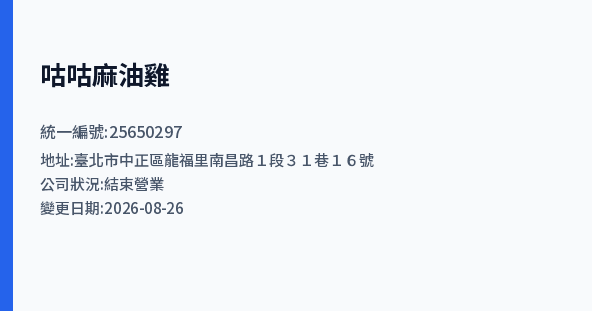 咕咕麻油雞的照片-統編 25650297(臺北市) 公司登記資料與營業項目詳細圖表