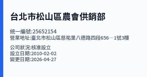 台北市松山區農會供銷部的照片-統編 25652154(臺北市) 公司登記資料與營業項目詳細圖表