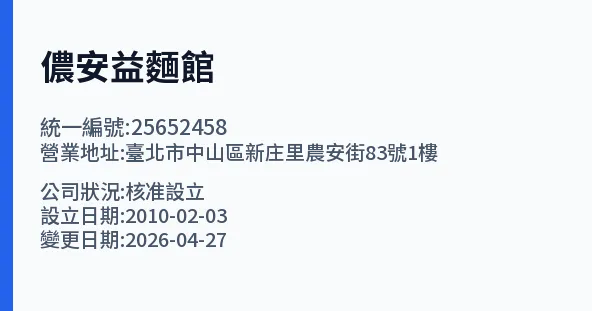 儂安益麵館的照片-統編 25652458(臺北市) 公司登記資料與營業項目詳細圖表