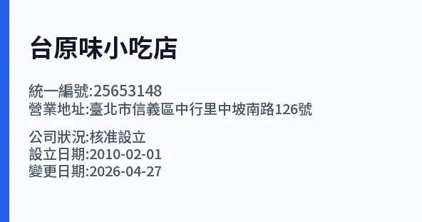 台原味小吃店的照片-統編 25653148(臺北市) 公司登記資料與營業項目詳細圖表