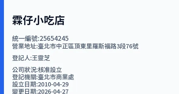 霖仔小吃店的照片-統編 25654245(臺北市) 公司登記資料與營業項目詳細圖表
