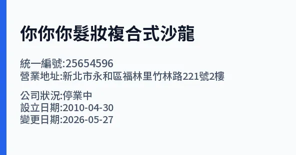 你你你髮妝複合式沙龍的照片-統編 25654596(新北市) 公司登記資料與營業項目詳細圖表