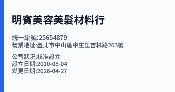 明賓美容美髮材料行的照片-統編 25654879(臺北市) 公司登記資料與營業項目詳細圖表