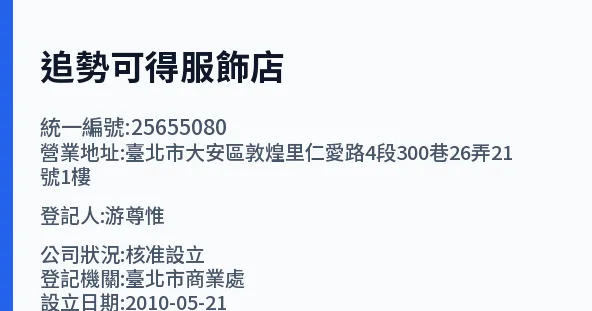 追勢可得服飾店的照片-統編 25655080(臺北市) 公司登記資料與營業項目詳細圖表