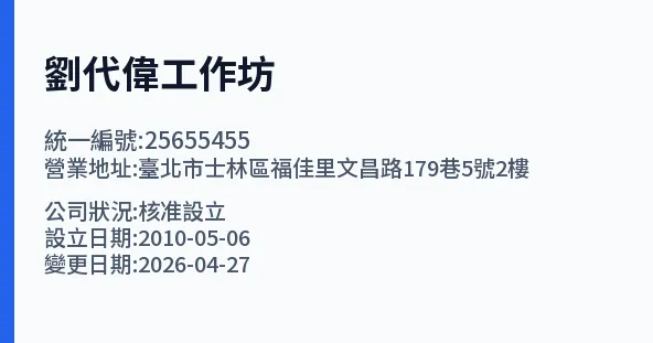 劉代偉工作坊的照片-統編 25655455(臺北市) 公司登記資料與營業項目詳細圖表