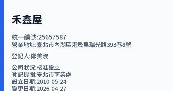 禾鑫屋的照片-統編 25657587(臺北市) 公司登記資料與營業項目詳細圖表