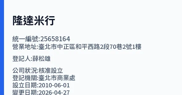 隆達米行的照片-統編 25658164(臺北市) 公司登記資料與營業項目詳細圖表
