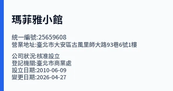 瑪菲雅小館的照片-統編 25659608(臺北市) 公司登記資料與營業項目詳細圖表